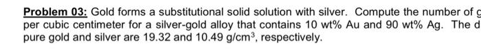 Solved Problem 03: Gold forms a substitutional solid | Chegg.com Solved Problem 03: Gold forms a substitutional solid | Chegg.com