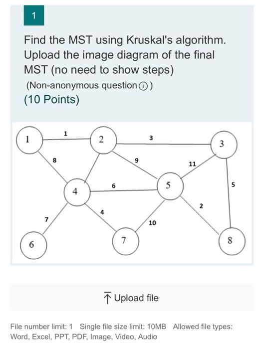 Solved 1 Find the MST using Kruskal's algorithm. Upload the | Chegg.com