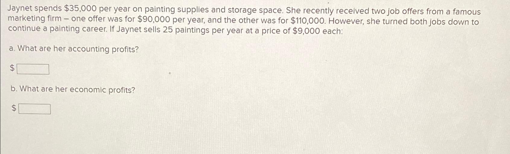 Solved Jaynet spends $35,000 per year on painting supplies | Chegg.com Solved Jaynet spends $35,000 per year on painting supplies | Chegg.com