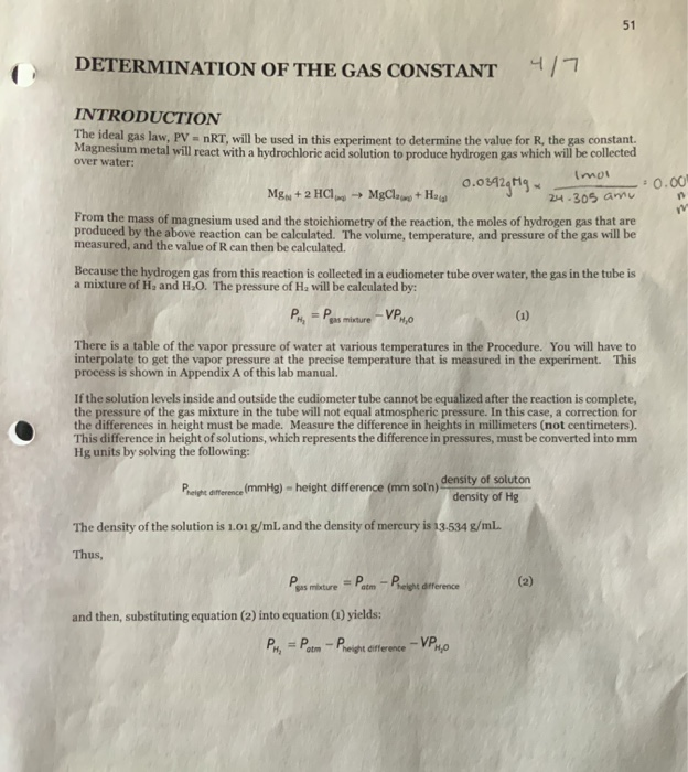 Solved Determination of a gas constant? In this lab I am | Chegg.com