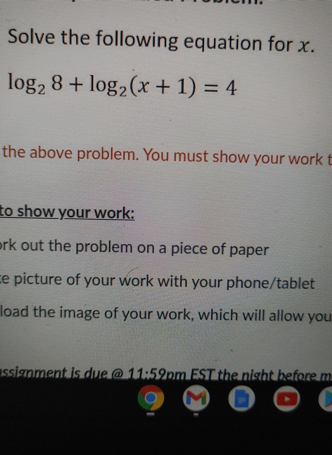 Solved Solve the following equation for x. log2 8 + log2 (x | Chegg.com