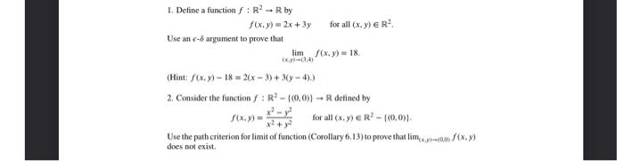 Solved 1. Define a function f:R2→R by f(x,y)=2x+3y for all | Chegg.com