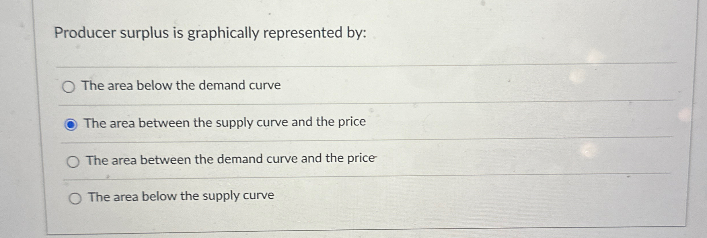 Solved Producer surplus is graphically represented by:The | Chegg.com