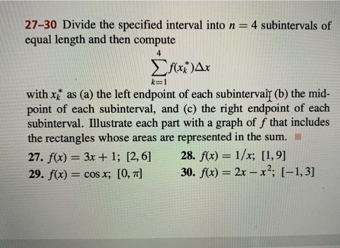 Solved 27-30 Divide the specified interval into n = 4 | Chegg.com