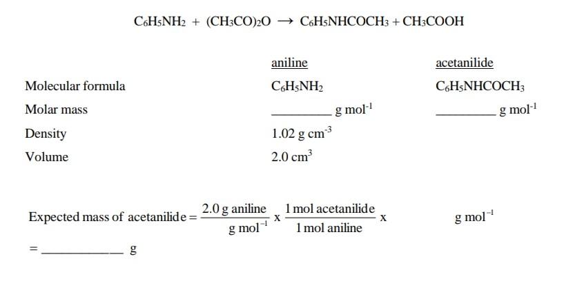 Solved C6H5NH2 + (CH:CO)20 → CH_NHCOCH3 + CH3COOH aniline | Chegg.com