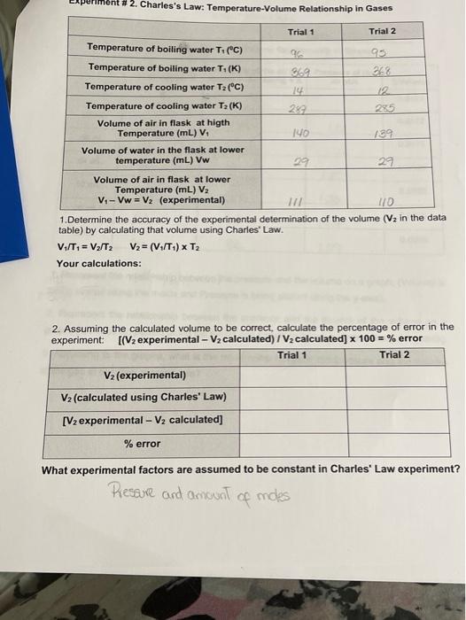 Solved # 2. Charles's Law: Temperature Volume Relationship | Chegg.com
