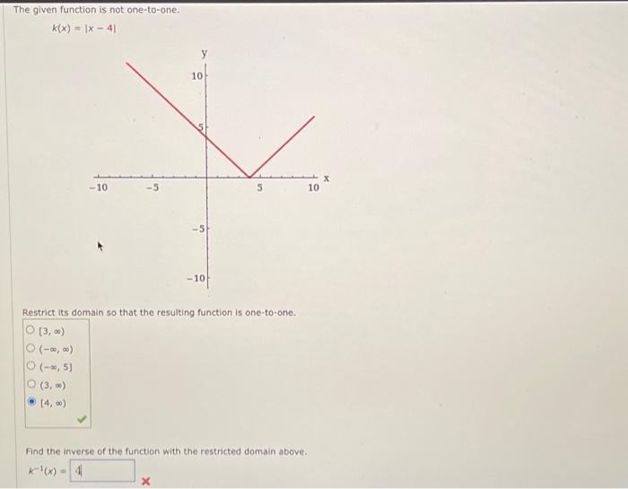 Solved The given function is not one-to-one. k(x) = |x - 4| | Chegg.com