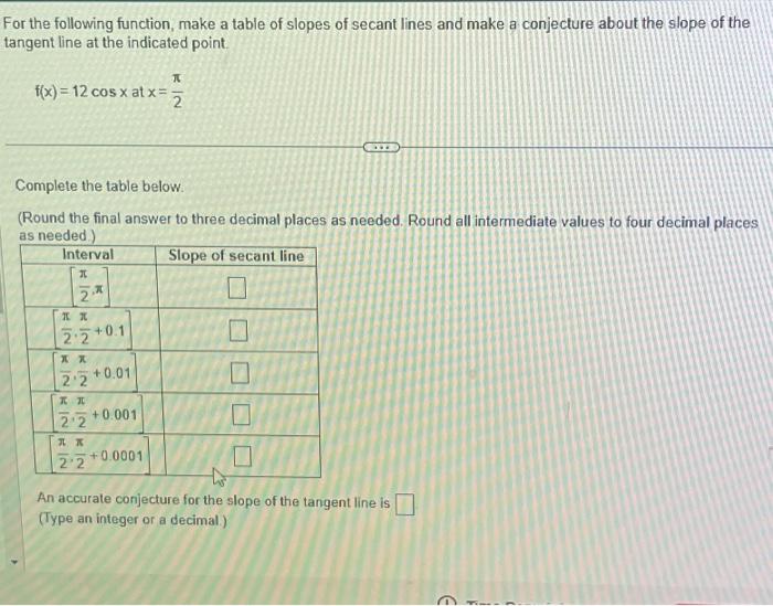 Solved For the following function, make a table of slopes of | Chegg.com