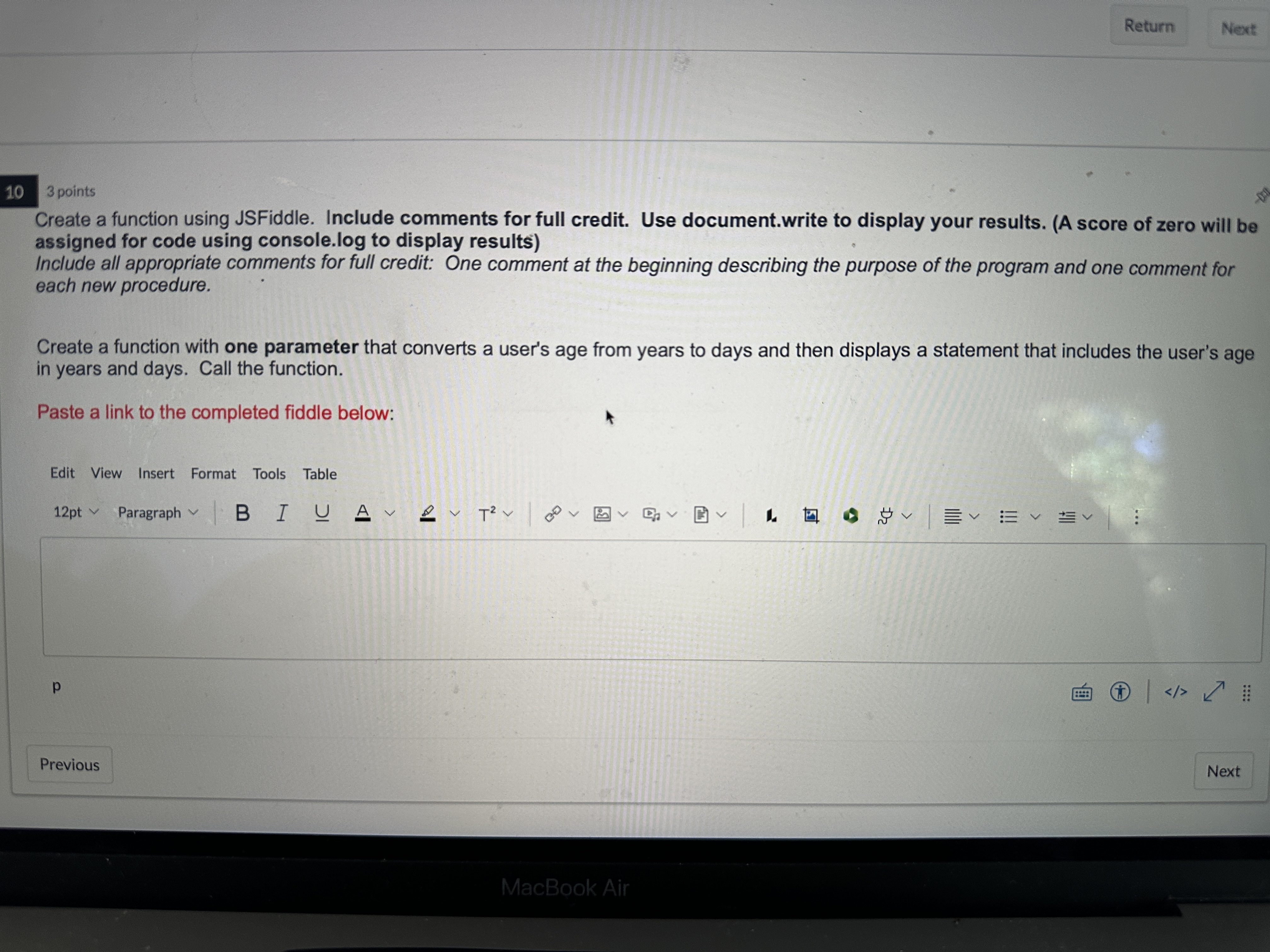 Solved 103 ﻿pointsCreate a function using JSFiddle. Include | Chegg.com
