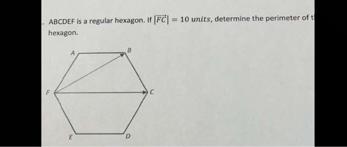 Solved ABCDEF is a regular hexagon. If |FC| = 10 units, | Chegg.com