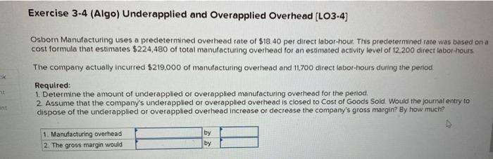 Solved Exercise 3−4 (Algo) Underapplied and Overapplied | Chegg.com