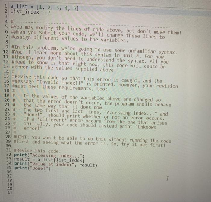 Solved 1 a list = [1, 2, 3, 4, 5] 2 list index 7 3 4 #- 5 | Chegg.com