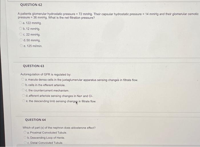 Solved QUESTION 62 A patients glomerular hydrostatic | Chegg.com