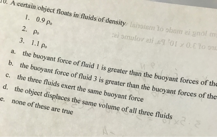 Solved A certain object floats in fluids of density sinoism | Chegg.com