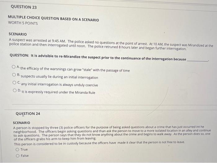 MULTIPLE CHOICE QUESTION BASED ON A SCENARIO WORTH 5 | Chegg.com