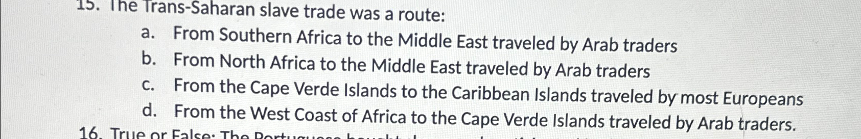 Solved The Trans-Saharan slave trade was a route:a. ﻿From | Chegg.com