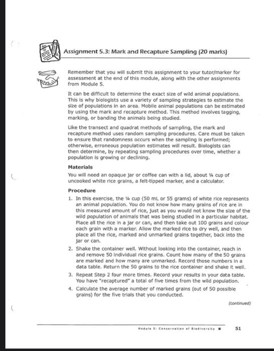 Assignment 5.3: Mark and Recapture Sampling (20 | Chegg.com