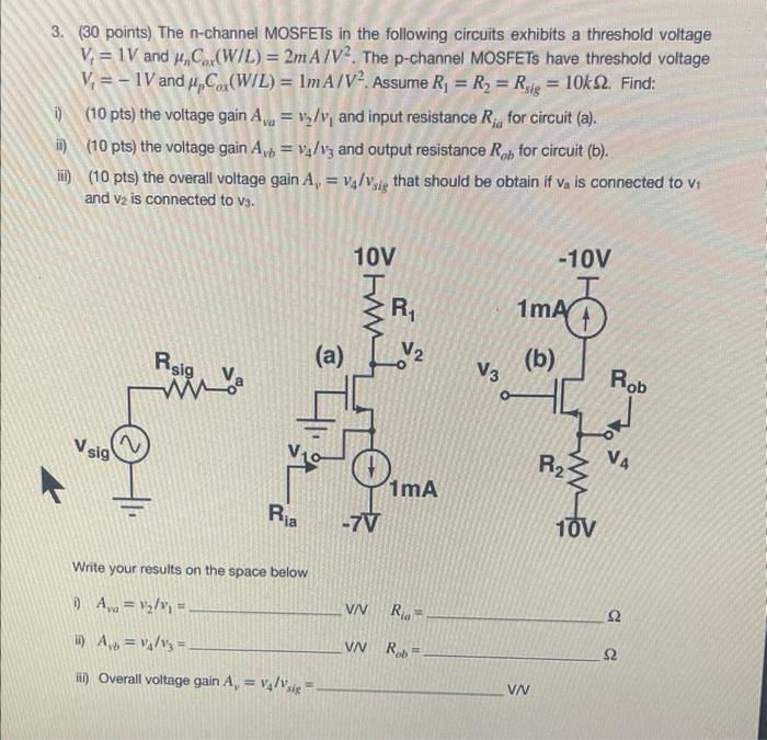 Solved 3. (30 points) The n-channel MOSFETs in the following | Chegg.com