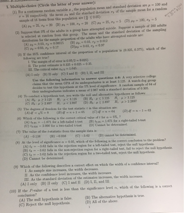 Solved 180-2100 I. Multiple-choice (Circle the letter of | Chegg.com