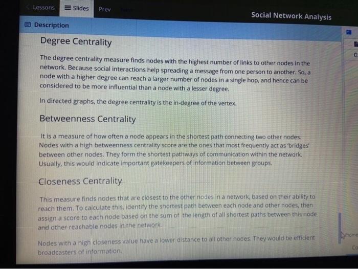 Solved Lessons Slides Prev Social Network Analysis | Chegg.com