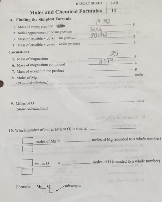 Solved REPORT SHEET LAB 11 8 Moles and Chemical Formulas A. | Chegg.com Solved REPORT SHEET LAB 11 8 Moles and Chemical Formulas A. | Chegg.com