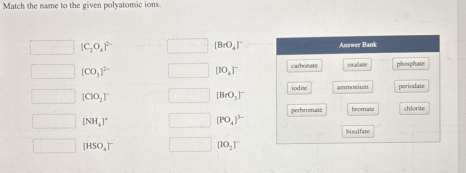 Solved Match the name to the given polyatomic | Chegg.com