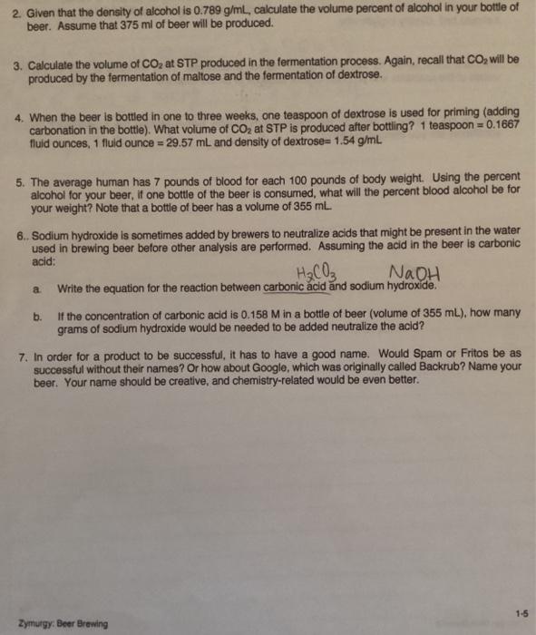 Solved 2. Given that the density of alcohol is 0.789 g/mL, | Chegg.com
