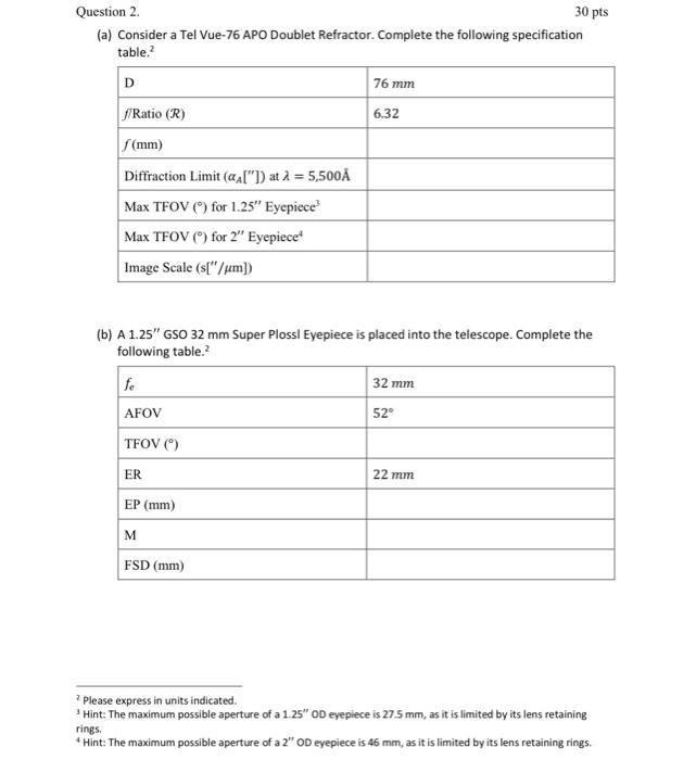 Solved Question 2. 30pts (a) Consider a Tel Vue-76 APO | Chegg.com