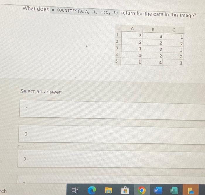 Solved What does =COUNTIFS(A:A,1,C:C,3) return for the data | Chegg.com