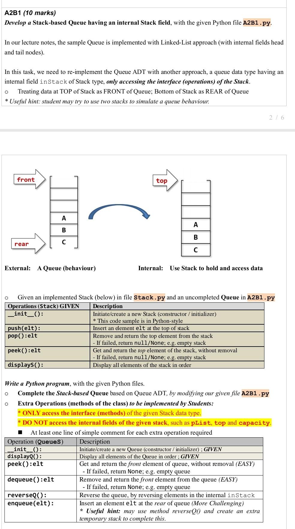 Solved A2B1 (10 marks) Develop a Stack-based Queue having an | Chegg.com