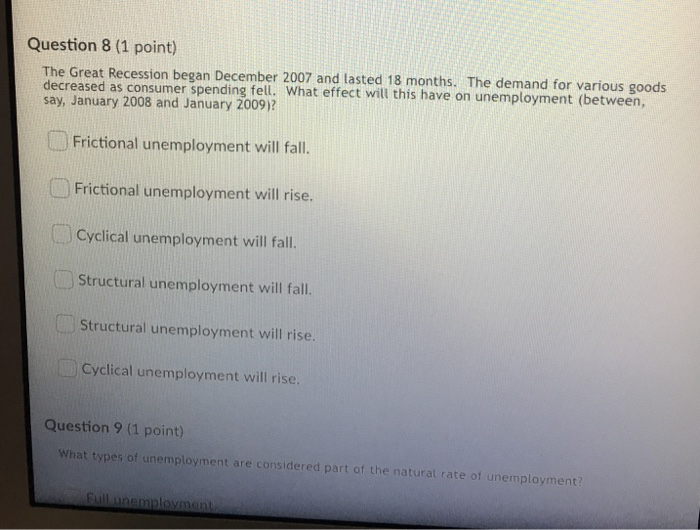 Solved Question 8 (1 point) The Great Recession began | Chegg.com