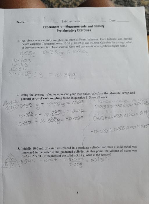 Solved Date Name Lab Instructor Experiment 1-Measurements | Chegg.com