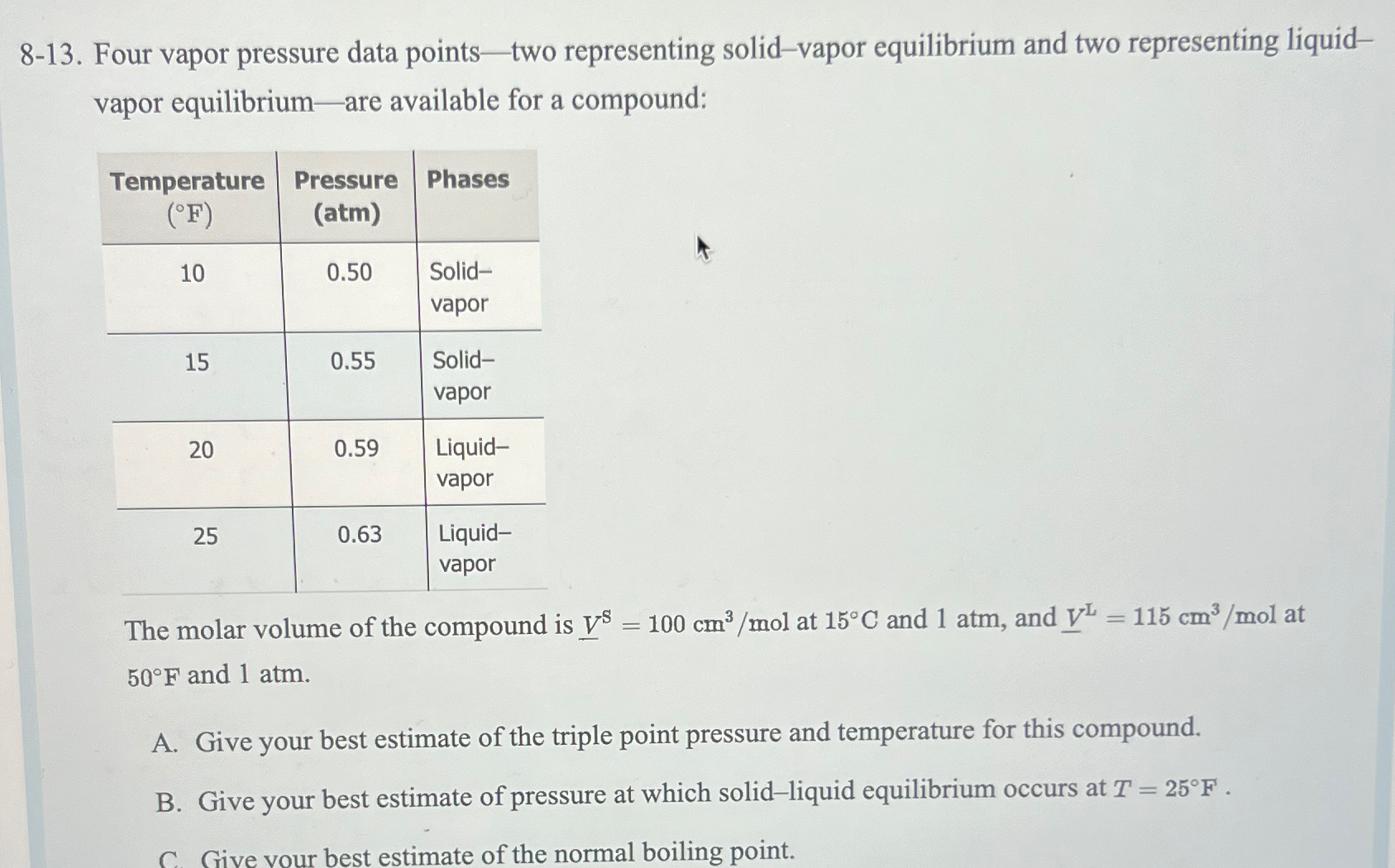 Solved 8-13. ﻿Four vapor pressure data points - ﻿two | Chegg.com