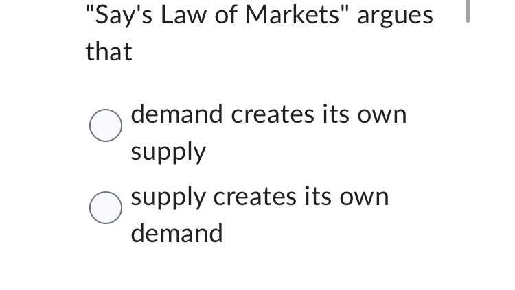 Solved "Say's Law of Markets" argues thatdemand creates its | Chegg.com
