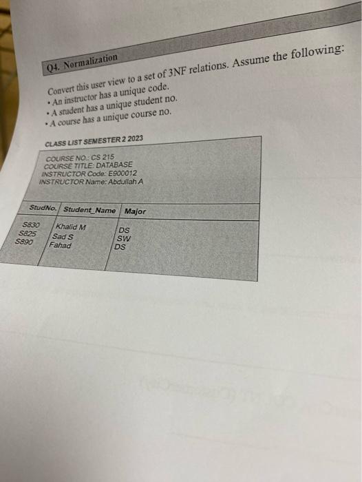 Solved Convert this user view to a set of 3NF relations. | Chegg.com