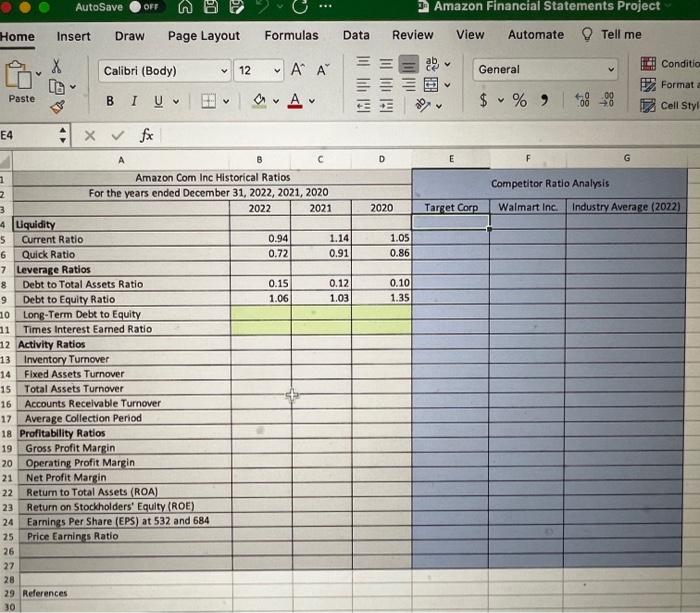 Competitor ratio fomulas and excel help! | Chegg.com