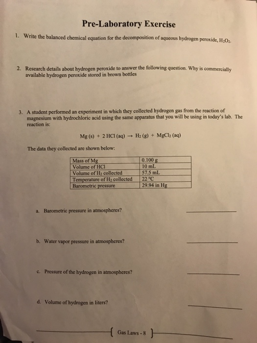Solved Pre-Laboratory Exercise 1. Write the balanced | Chegg.com