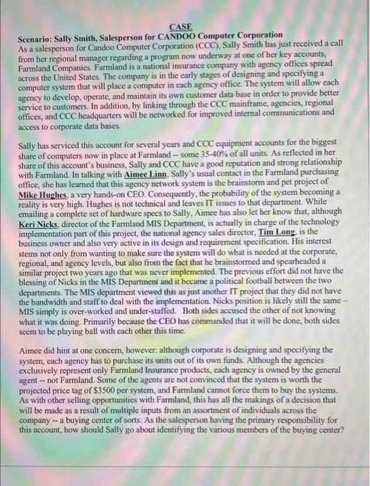 Solved CASE Scenario: Sally Smith, Salesperson for CANDOO | Chegg.com