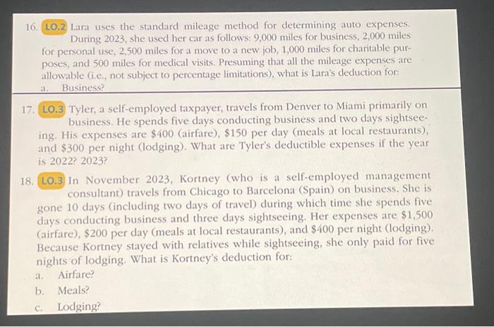 Solved 16. LO.2 Lara uses the standard mileage method for | Chegg.com