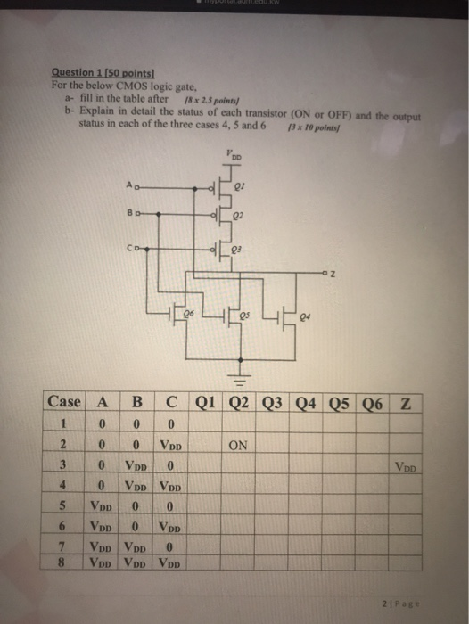 Solved Question 1 (50 points) For the below CMOS logic gate, | Chegg.com