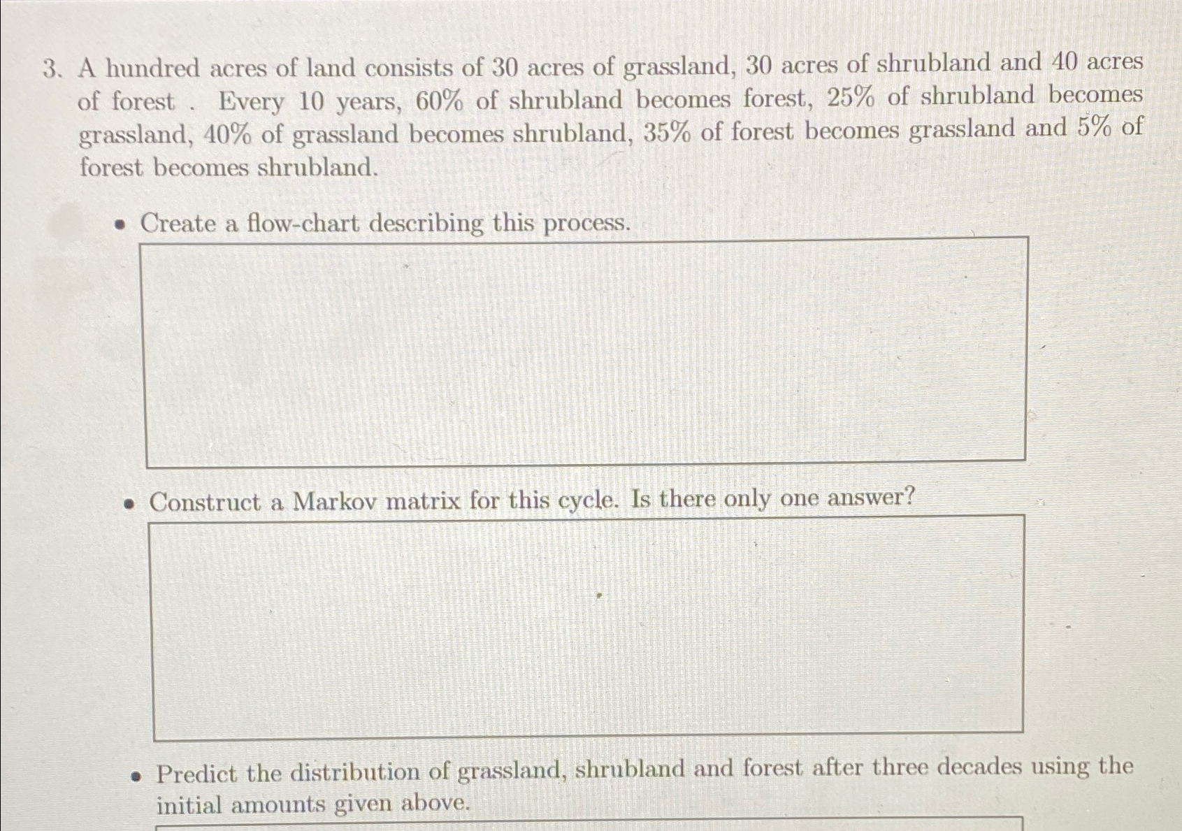 Solved A hundred acres of land consists of 30 ﻿acres of | Chegg.com