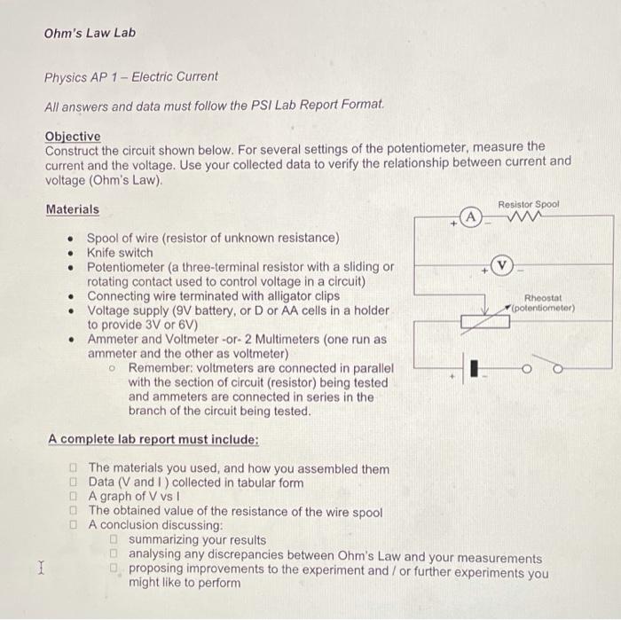 Ohm's Law Lab Physics AP 1 - Electric Current All | Chegg.com