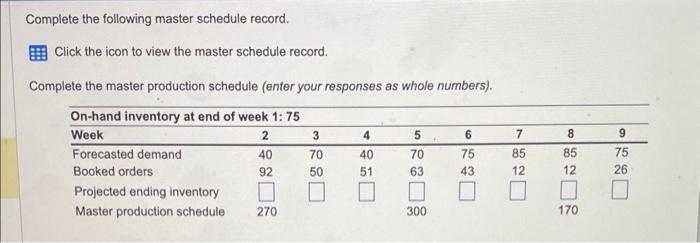Solved Complete the following master schedule record. Click | Chegg.com
