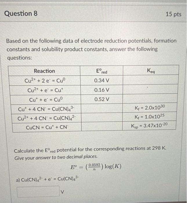 Solved Based on the following data of electrode reduction | Chegg.com