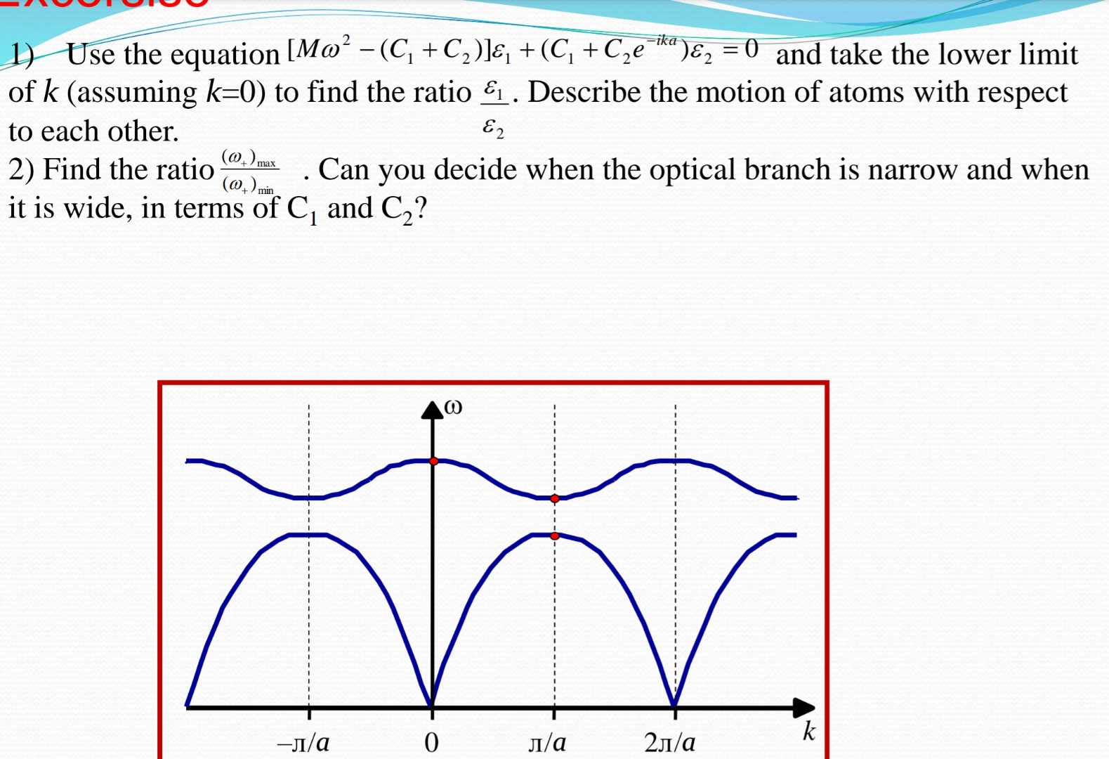 Solved 1)Use the equation [Mω2-(C1+C2)]ε1+(C1+C2e-ika)ε2=0 | Chegg.com