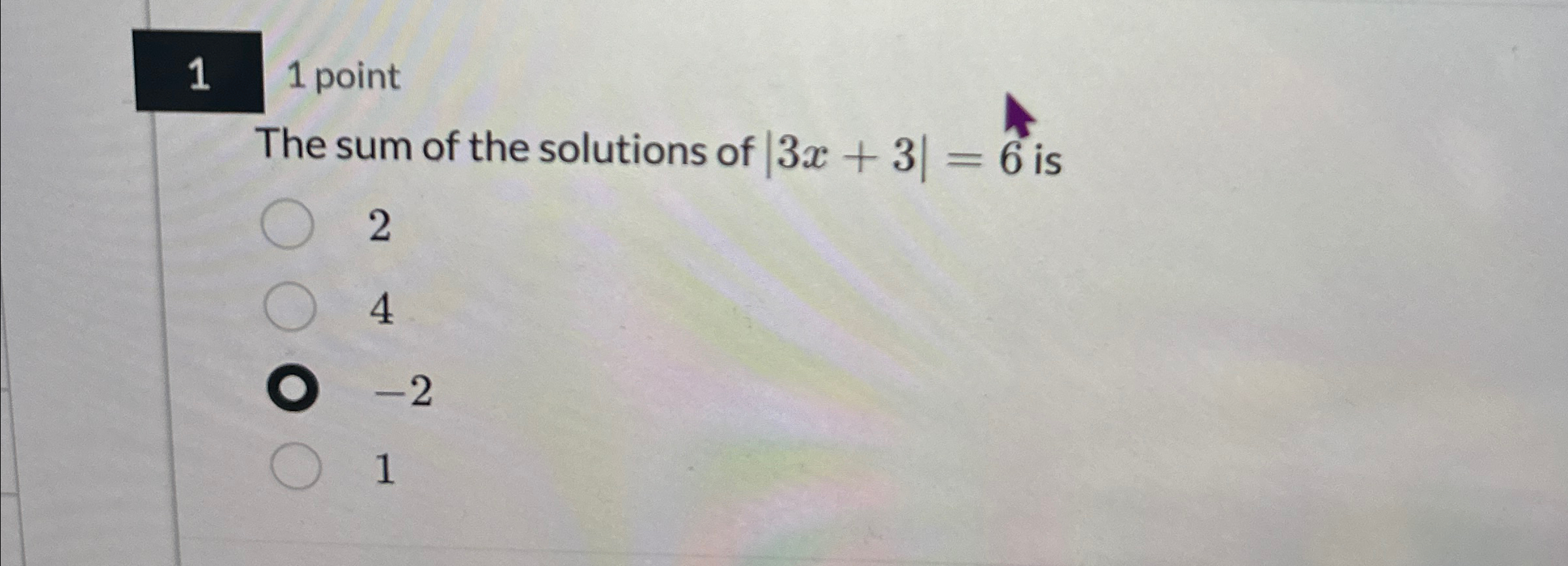 Solved 11 ﻿pointThe sum of the solutions of |3x+3|=6 | Chegg.com