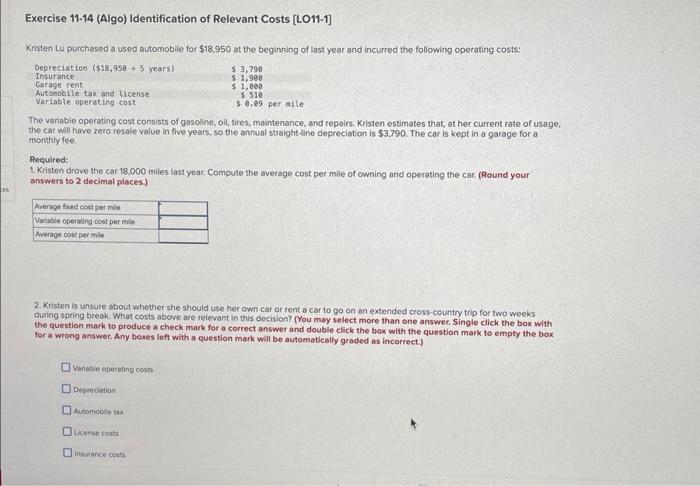 Solved Exercise 11-14 (Algo) Identification of Relevant | Chegg.com