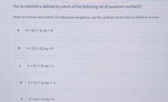 Solved The 3s subshell is defined by which of the following | Chegg.com