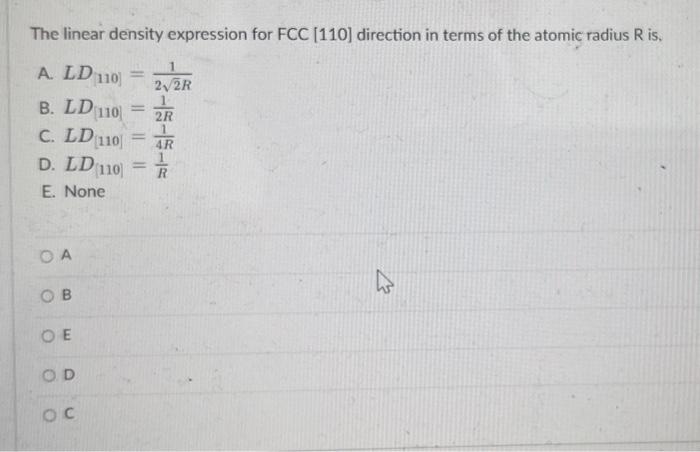 Solved The linear density expression for FCC [110] direction | Chegg.com