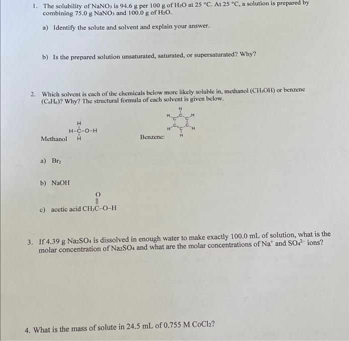 Solved 1. The solubility of NaNO3 is 94.6 g per 100 g of H₂O | Chegg.com